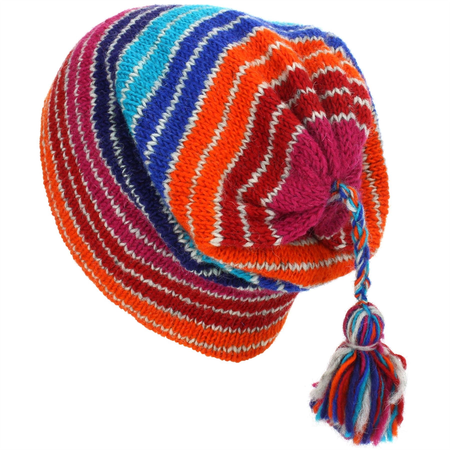 Wool Knit Tassel Beanie Hat Stripe Blue LoudElephant